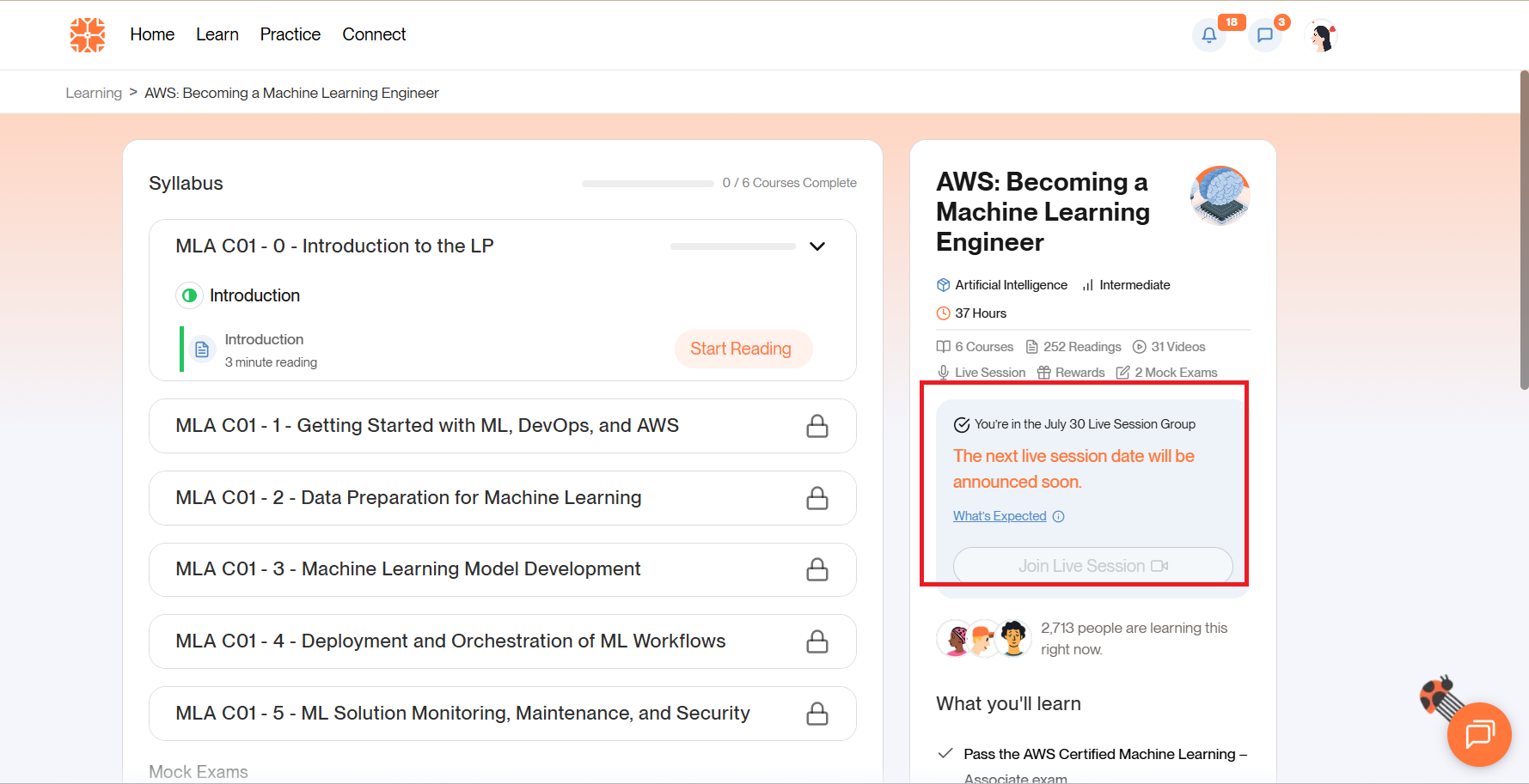 كيفية الانتقال إلى المجموعة المباشرة التالية في مسار AWS التعليمي؟